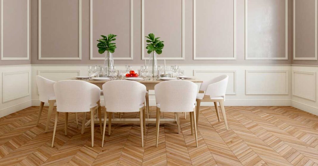 Laminate and Wood Chevron Pattern Flooring Installation at Home